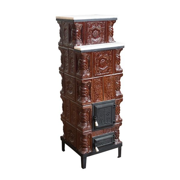 Soba teracota scarisoara, 5 randuri marmura, 8 kW, 127 x 44 x 44 cm, maro