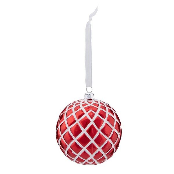 Glob pentru brad Craciun, 8 cm, sticla, rosu cu model alb