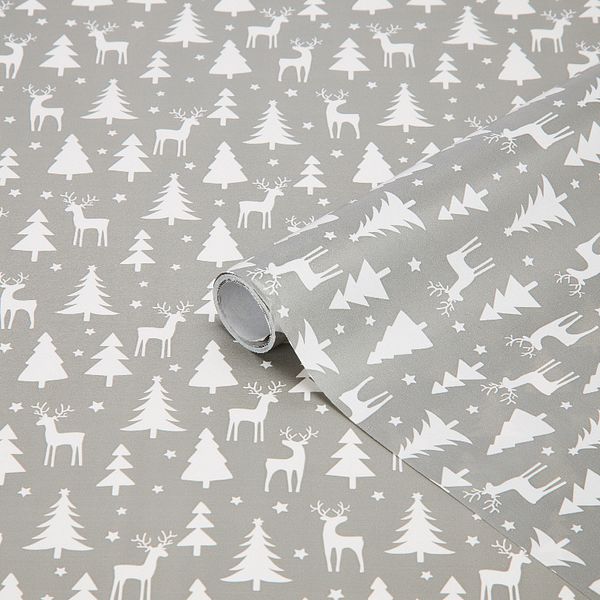 Hartie impachetat cadouri, model cerbi si brazi, gri/alb