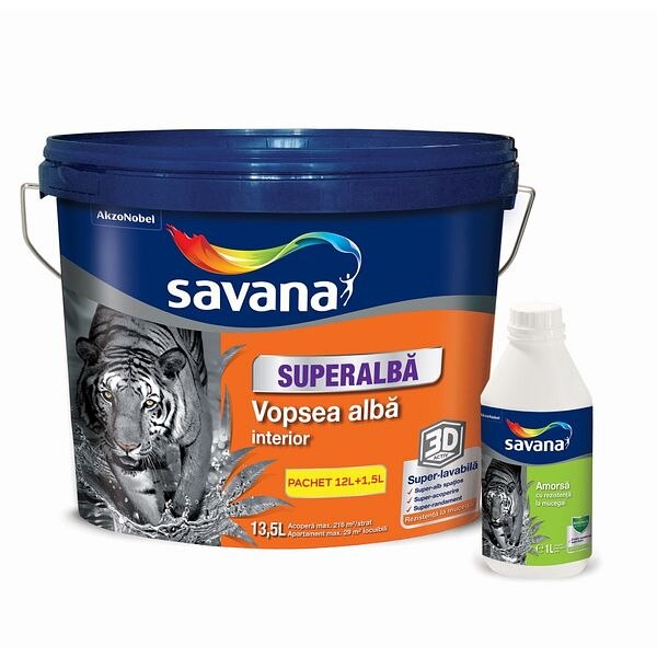 Vopsea lavabila + amorsa, interior, culoare alb, 13.5 L + 1 L Savana